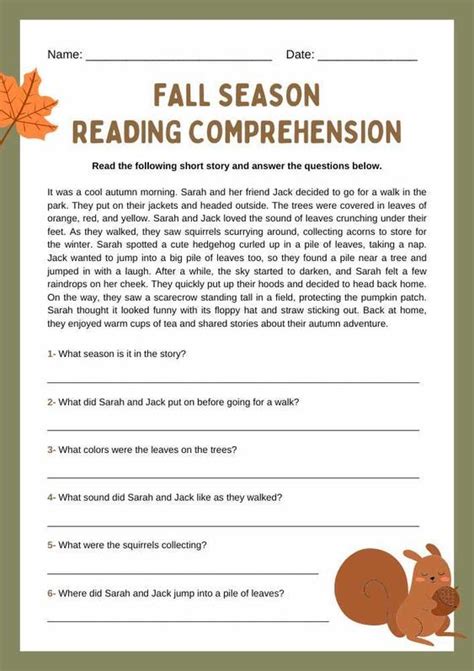 Fall Season Reading Comprehension Worksheet In Green And Brown Pastel