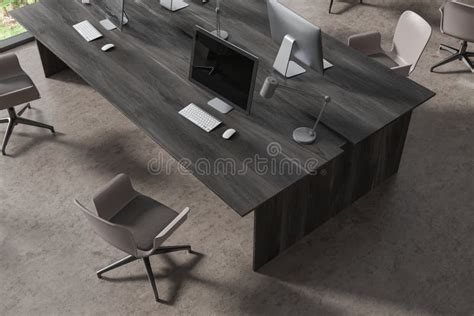 top view of office workspace interior with pc computers and chairs in