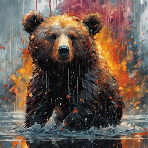 Adorable Obese Bear Cub Drenched Down Pouring Rain Big Glowing