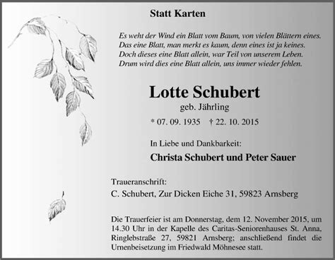 Traueranzeigen Von Lotte Schubert Trauer In Nrwde