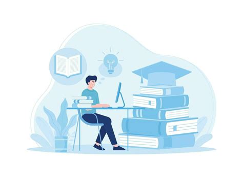 Man In Front Of Computer Doing Assignments Online Learning Concept Flat