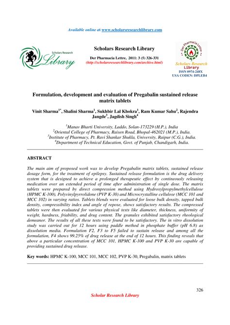 Pdf Formulation Development And Evaluation Of Pregabalin Sustained Release Matrix Tablets