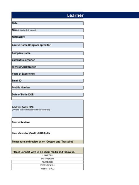 Learner Registration Form For Courses Pdf