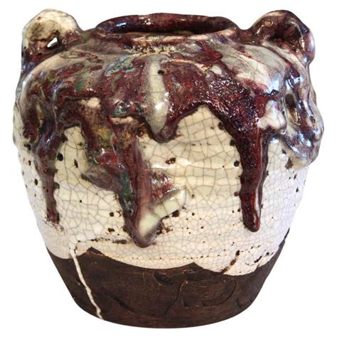 Awaji Pottery Art Deco Japanese Vintage Studio Vase In Blue Flambé Drip