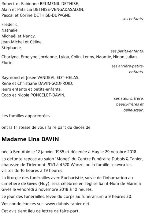 Avis De Décès De Lina Davin Décédé Le 29 10 2018 à Huy Annonce Condoléances Fleurs Etc L
