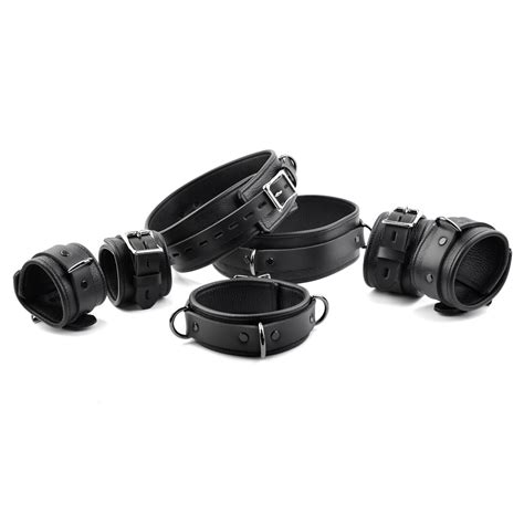 Premium Bdsm Black Leather Restraint Set Complete Wrist Thigh Ankle
