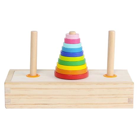 Wooden Tower Of Hanoi Puzzle Brain Teaser Game 10 Rings Intellectual