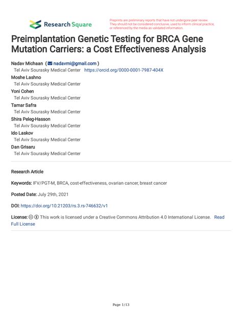 Pdf Preimplantation Genetic Testing For Brca Gene Mutation Carriers A Cost Effectiveness Analysis