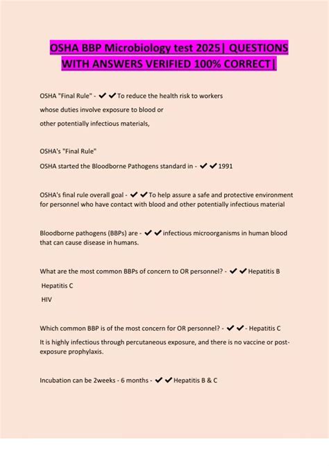 Osha Bbp Microbiology Test 2025 Questions With Answers Verified 100