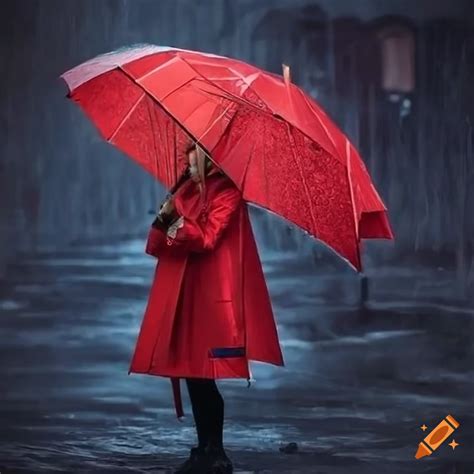 A Person Walking With A Red Umbrella In The Dark Rain In The Rain On Craiyon