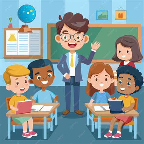 Premium Vector A Cartoon Illustration Of A Teacher With Students In A