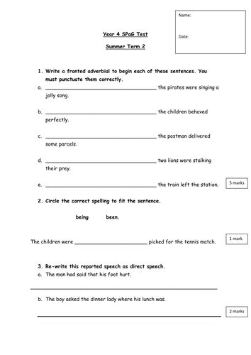 End Of Year 4 Spag Test Teaching Resources