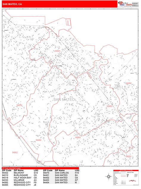 San Mateo California Zip Code Wall Map Red Line Style By Marketmaps Mapsales