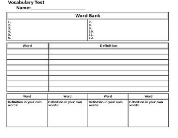 Vocabulary Test Template By Teach All About It Tpt