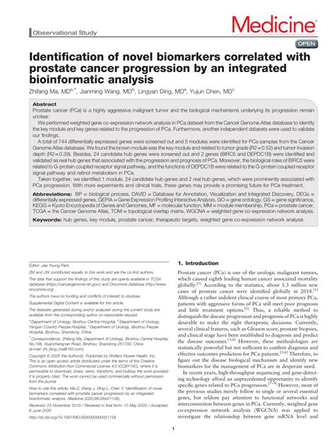 Pdf Identification Of Novel Biomarkers Correlated With Prostate