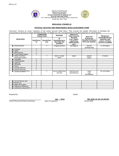 Be Form 1 Physical Facilities And Maintenance Needs Assessment Krus