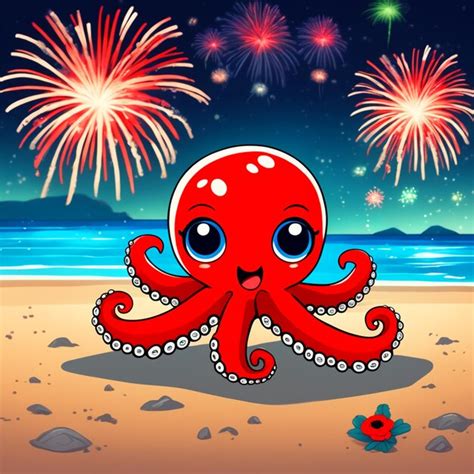 A Cute Chibi Style Octopus On The Beach Holding A Bright Red Poppy And