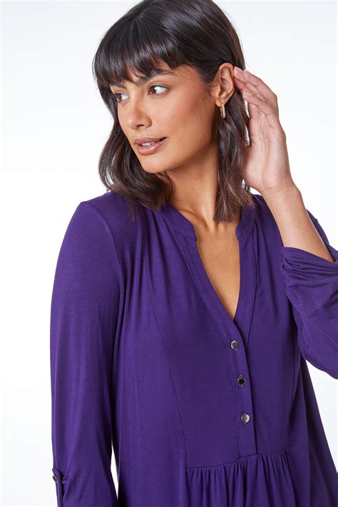 Plain Button Detail Tunic Top in Purple - Roman Originals UK