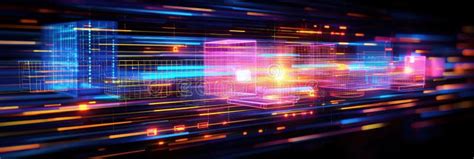 Abstract Futuristic Tech Concept With Glowing Grid Lines Neon Flare And Digital Signals