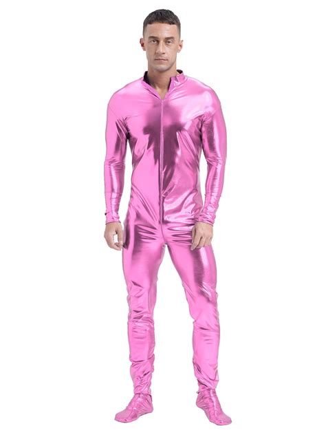 Vastwit Mens Shiny Metallic Front Zipper Unitard Mock Neck Long Sleeve