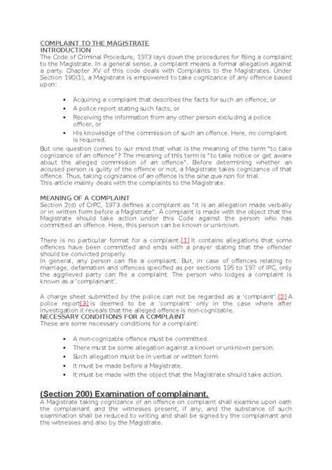 Crpc Draft Crpc Complaint To The Magistrate Introduction The Code