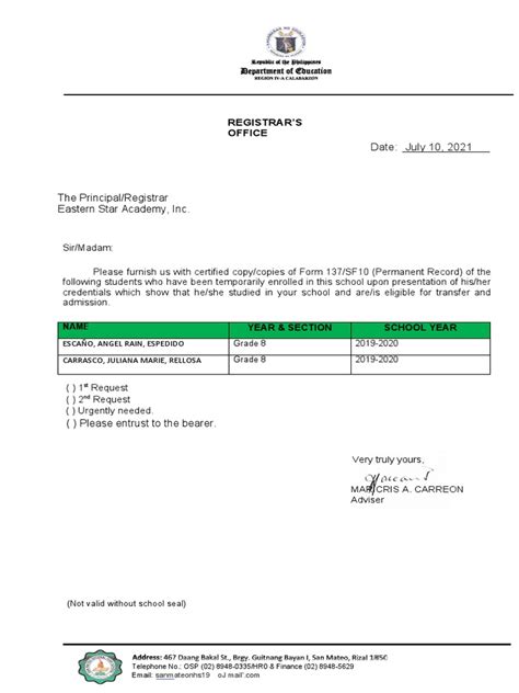 Request Letter For Sf10 Pdf
