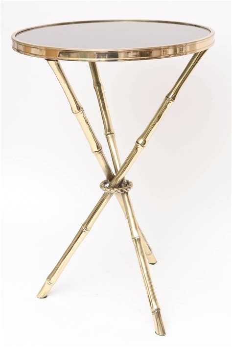 Chic Italian Polished Brass And Granite Faux Bamboo Tripod Side Table