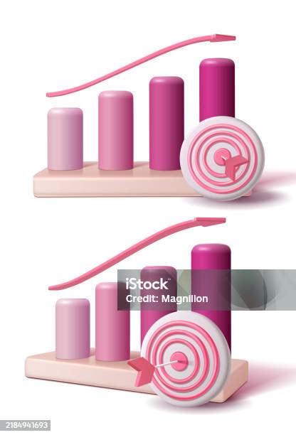 3d 핑크 막대 그래프 와 목표 와 화살표 와 사업 성장 위한 벡터 일러스트 레이 션 0명에 대한 스톡 벡터 아트 및 기타 이미지 Istock