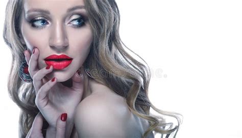Beautiful Young Model Woman With Red Lips And Curly Blond Hair Isolated
