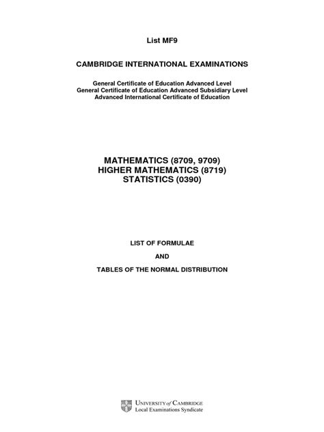 List Of Formulae And Statistical Tables 240 240412 173343 Pdf Mathematical Objects Algebra