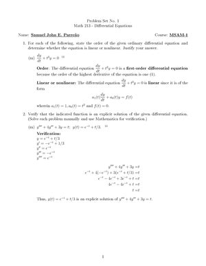 Problem Set No ProblemSetNo Math Di erentialEquations Name SamuelJohnEño Course