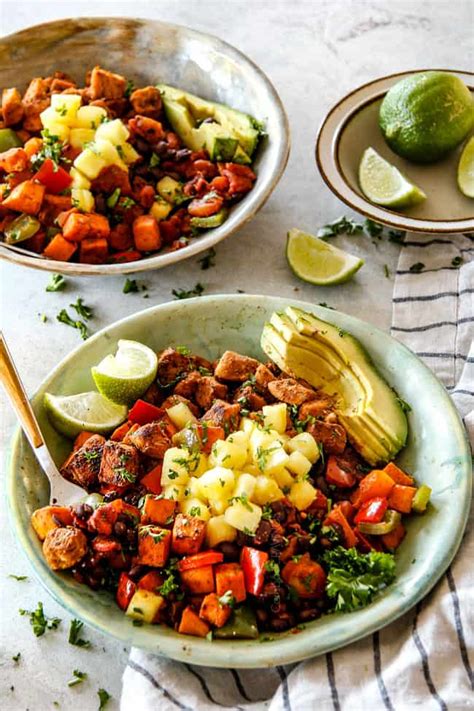 Cajun Chicken Avocado Black Bean Bowls With Sweet Potatoes Pineapple