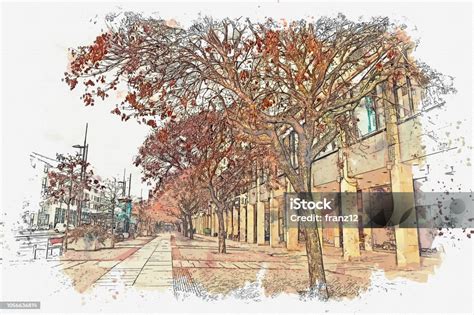 수채화 스케치 또는 일러스트 레이 션입니다 드레스덴에서 거리의 보기 가을에 대한 스톡 사진 및 기타 이미지 가을 거리