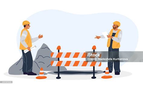 도로 유지 보수 작업자가 건설 프로젝트에 대해 논의합니다 제복을 입은 건축가 건축업자와 감독이 건축 청사진 초안에 대해 이야기하고 있습니다 엔지니어 커뮤니케이션 벡터 개념