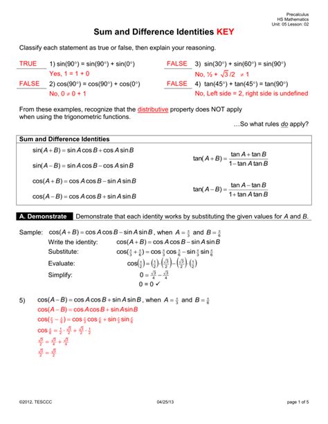 Sum Difference Identities Worksheet