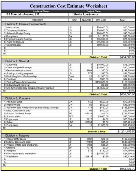 Construction Estimate Formula — Db