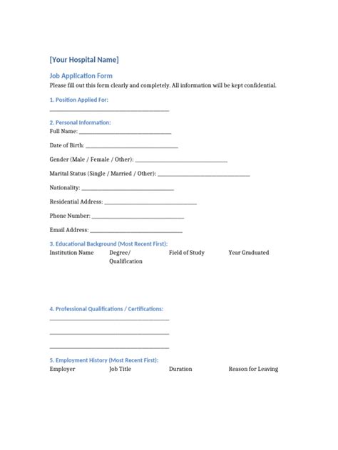 Hospital Job Application Form Pdf