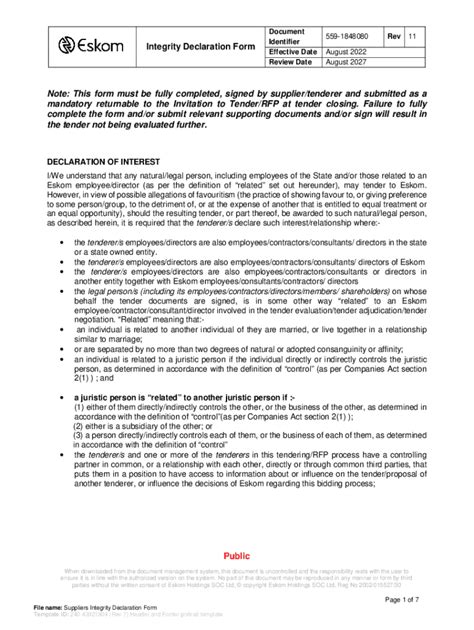 Fillable Online Integrity Declaration Form Eskom Fax Email Print