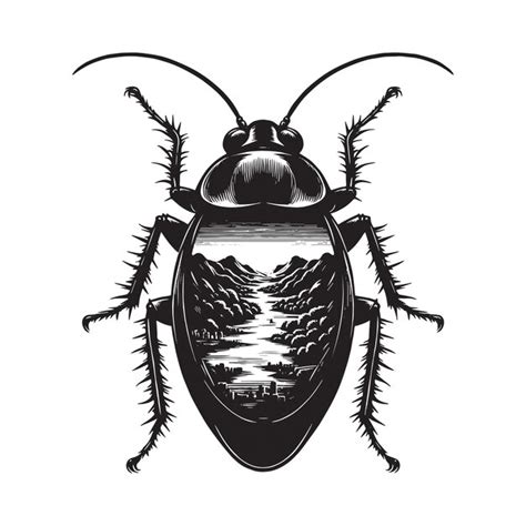 Silhouette Of Cockroach Front Filled With River View In Rough Drawing
