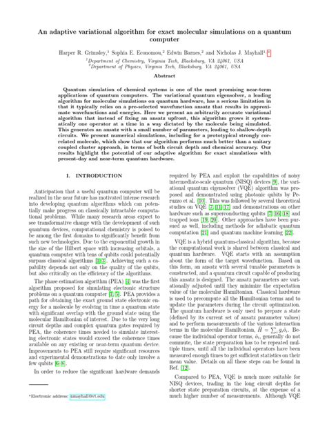 An Adaptive Variational Algorithm For Exact Molecular Simulations On A Quantum Computer Pdf