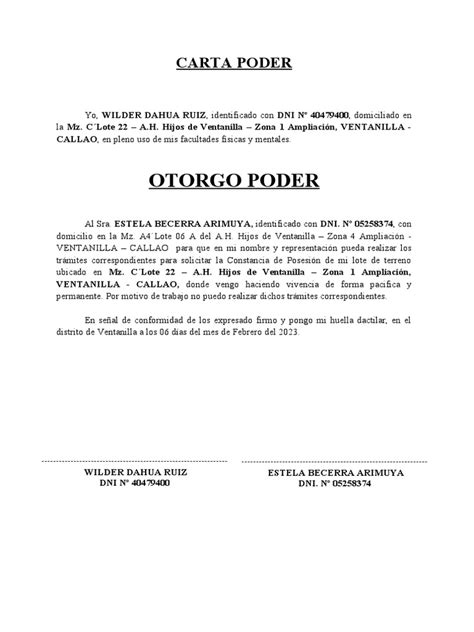 Carta Poder Hijos De Ventanilla Ampliacion 06 02 2023 Pdf