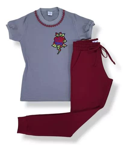 Conjunto Flor Bordado Blusinha Visco Calça Moletom Elastano Parcelamento Sem Juros