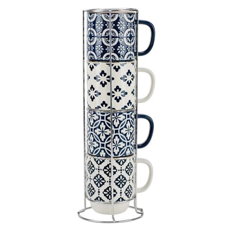Stacked True Blue And White Patterned Mugs 14oz