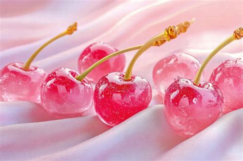 Artistic Arrangement Of Vibrant Crystal Cherries On A Soft Textured Fabric Background Showcasing