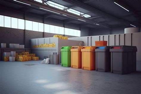Recycling Center With Bins For Different Materials And Sorting Taking