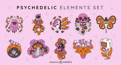 Psychedelic Hippie Decoration Elements Set Vector Download
