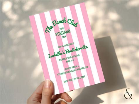 The Beach Club Pink Cabana Stripe Bachelorette Invitation Coastal