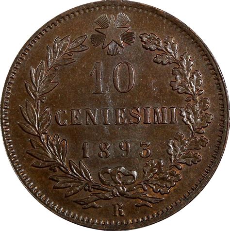 10 Centesimi Italy Umberto I Copper 1893 R Rome Mint Scarce Unc Km272