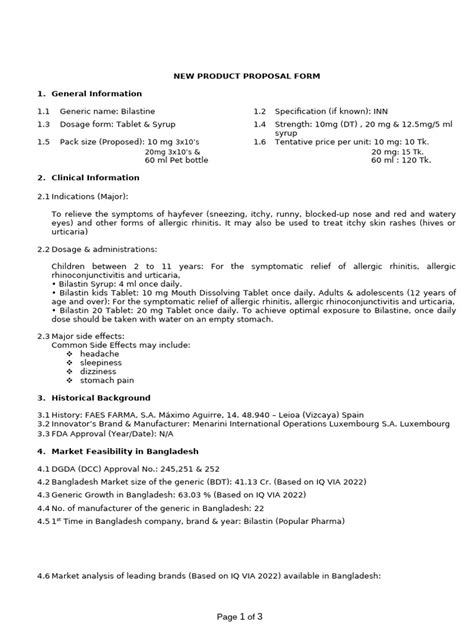 Product Proposal Of Bilastine Pdf Allergology Drugs