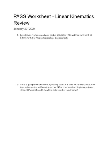 Pass Worksheet 1 Luke Leaves His House And Runs East At 5 S For 120s